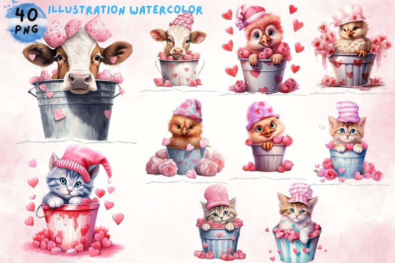 Valentine's Day Animals Clipart, Animal in Bucket, Romantic Animals ...