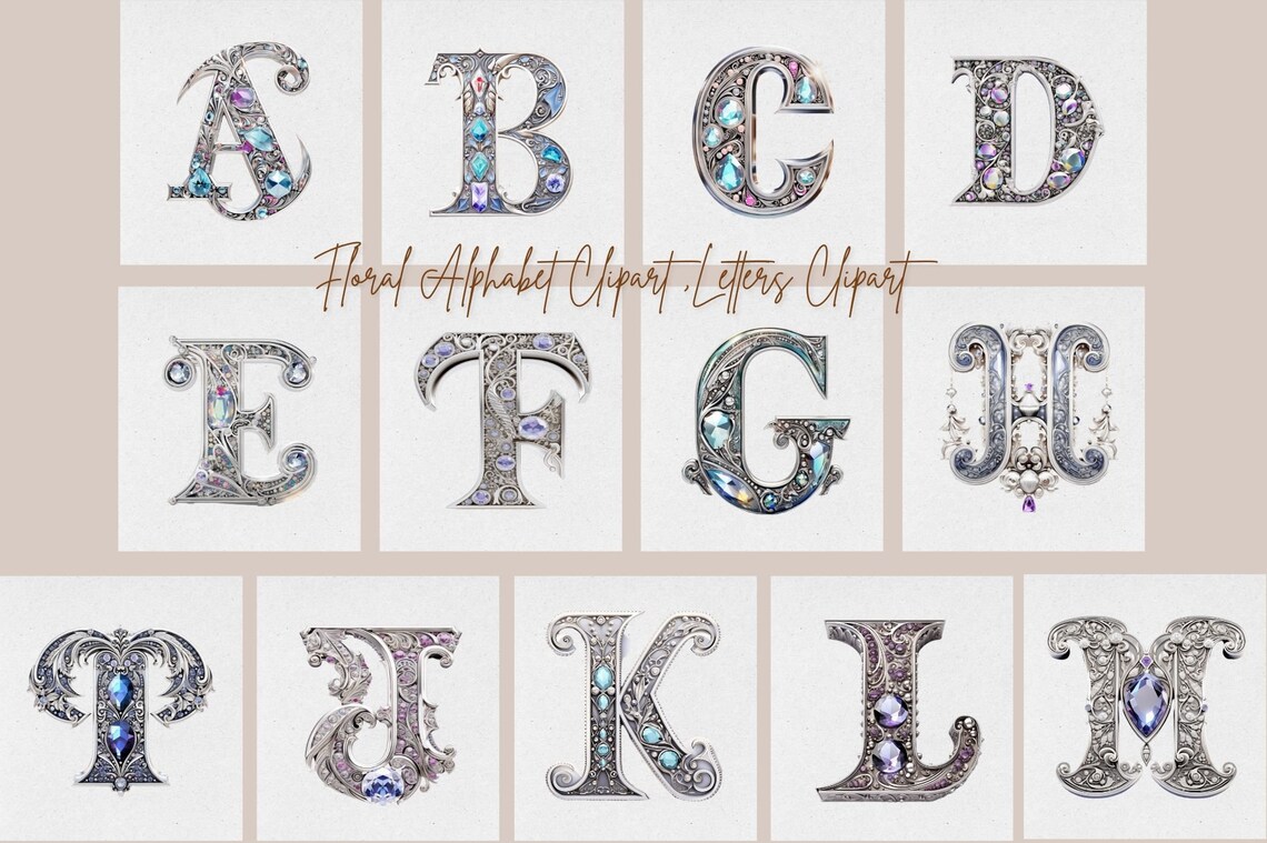 Platinum Iridescent Diamonds Alphabet , Gold Satin and Diamond Alphabet ...
