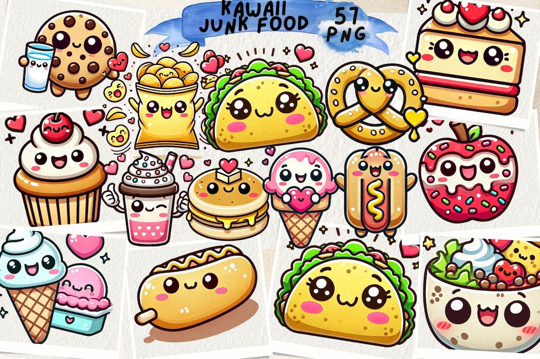 Adorable Kawaii Junk Food Clipart, Cute Digital Food Illustrations for ...