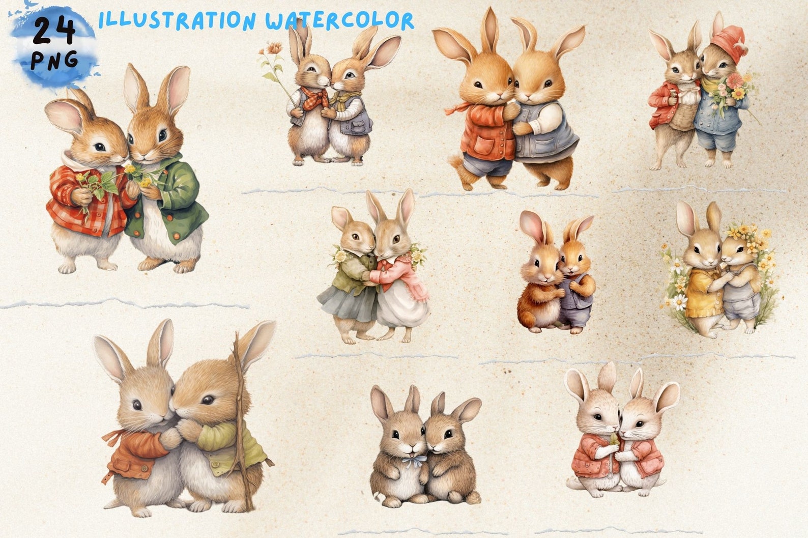 Rabbit Hugs Love Clipart, Love Bunnies, Watercolor Clipart, Digital ...