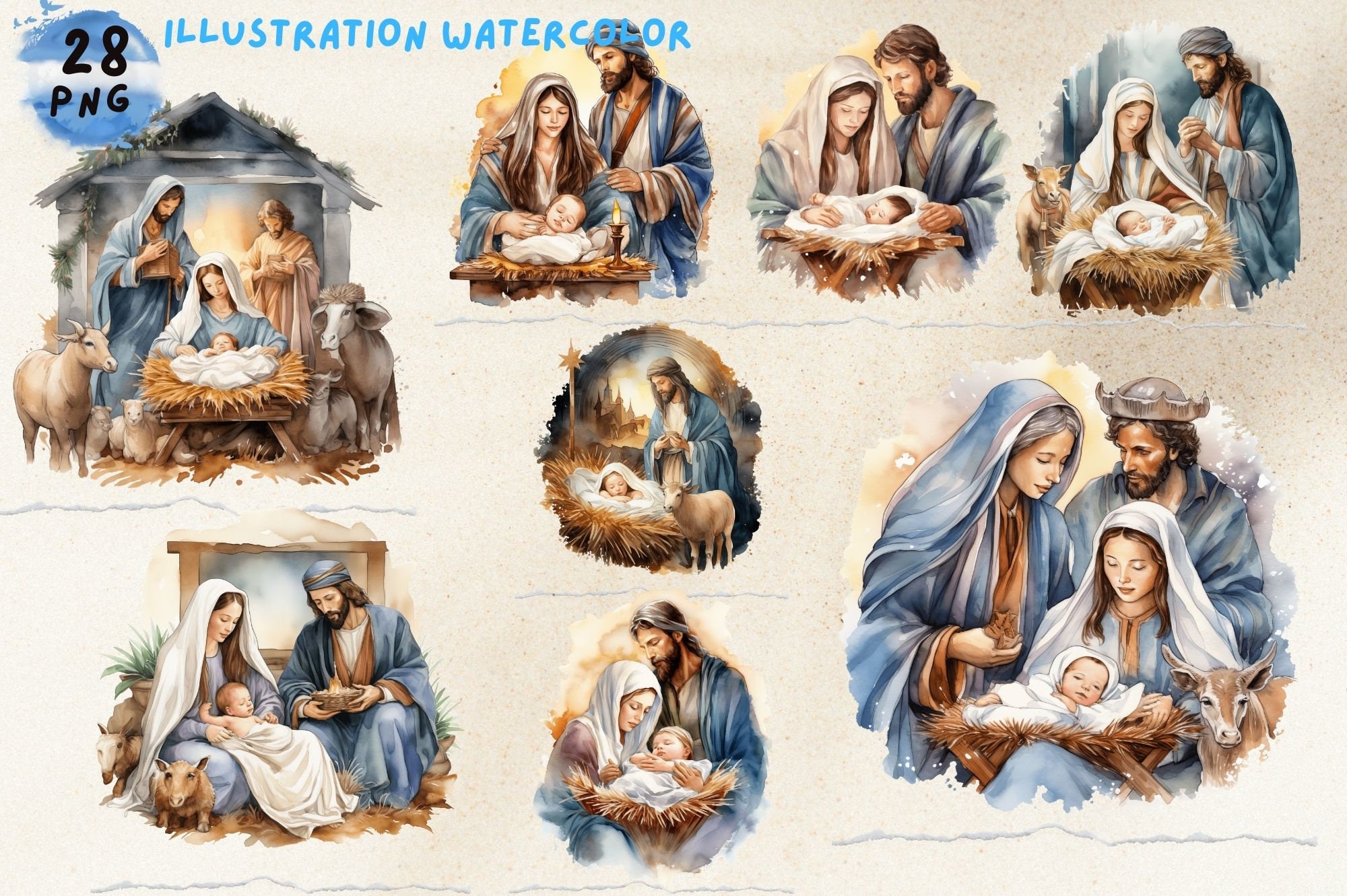 Watercolor Nativity Scene Clipart: Christmas Jesus Set (PNG, Instant ...