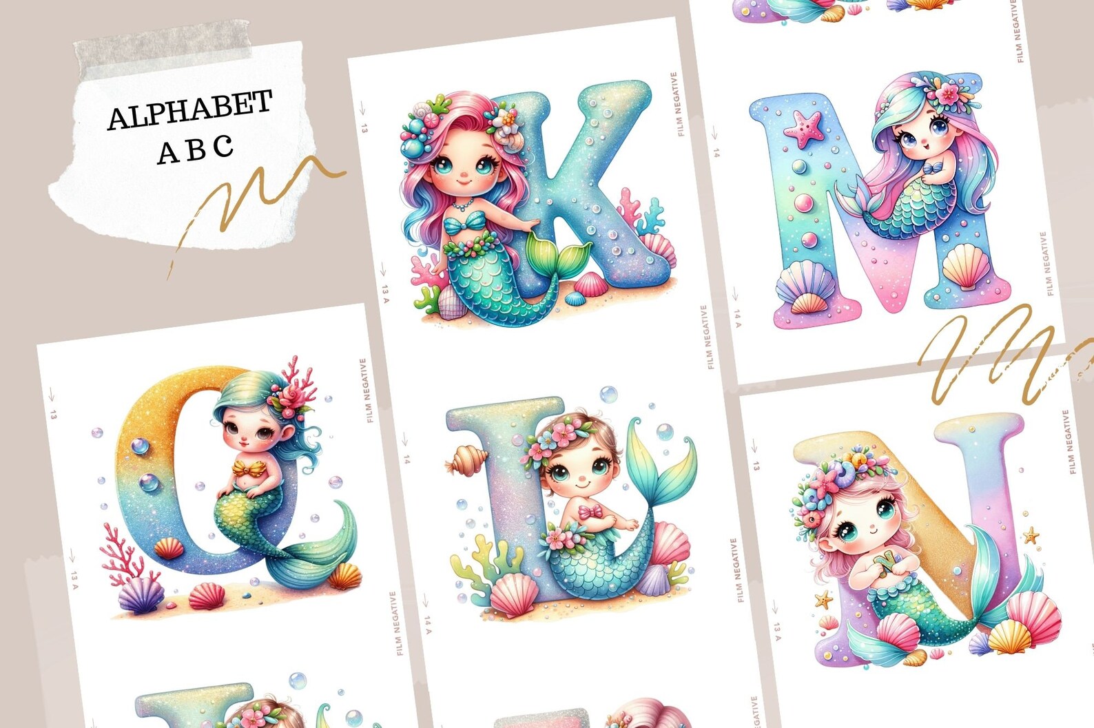 Mermaid Alphabet Clipart: Doodle Watercolor Letters (PNG) - Etsy