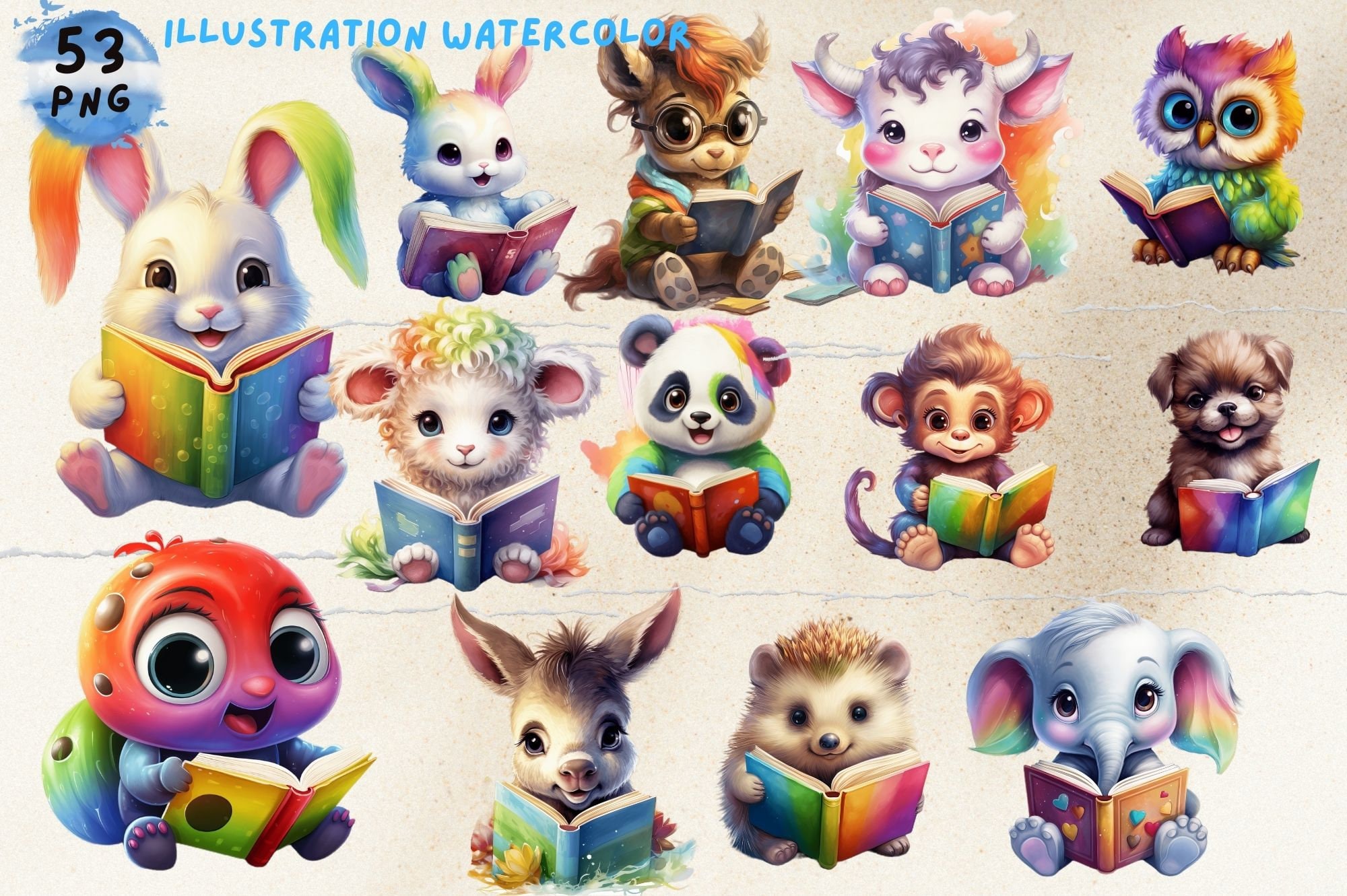 Cute Animals Reading Book Watercolor Clipart, Booklover Animals, Card ...