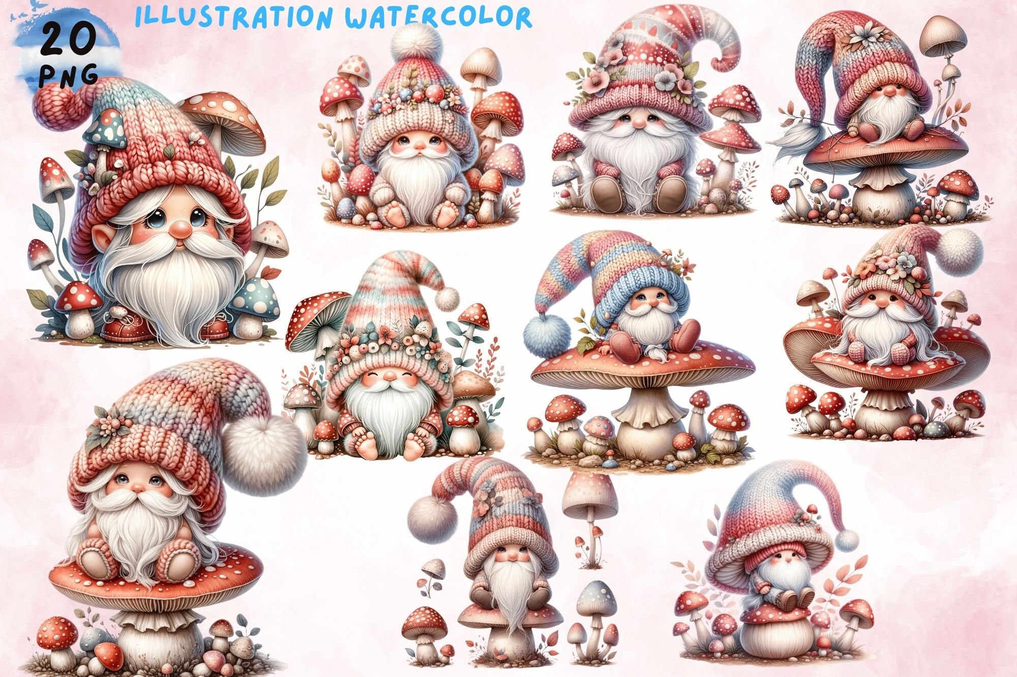 Mushroom Garden Gnomes Watercolor Clipart: Fantasy Florals (PNG) - Etsy