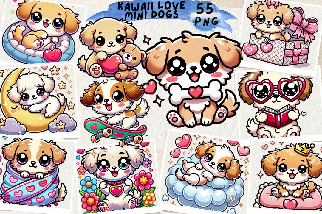 Kawaii Mini Dogs Clipart Set, Cute Dog Digital Stickers for ...