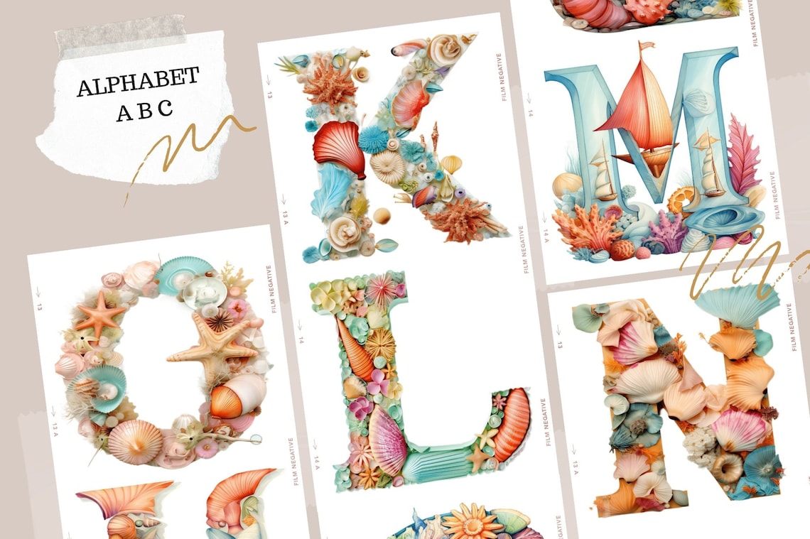 Corals and Shellfish Alphabet Clipart, Coral Reef Letters, Alphabet ...