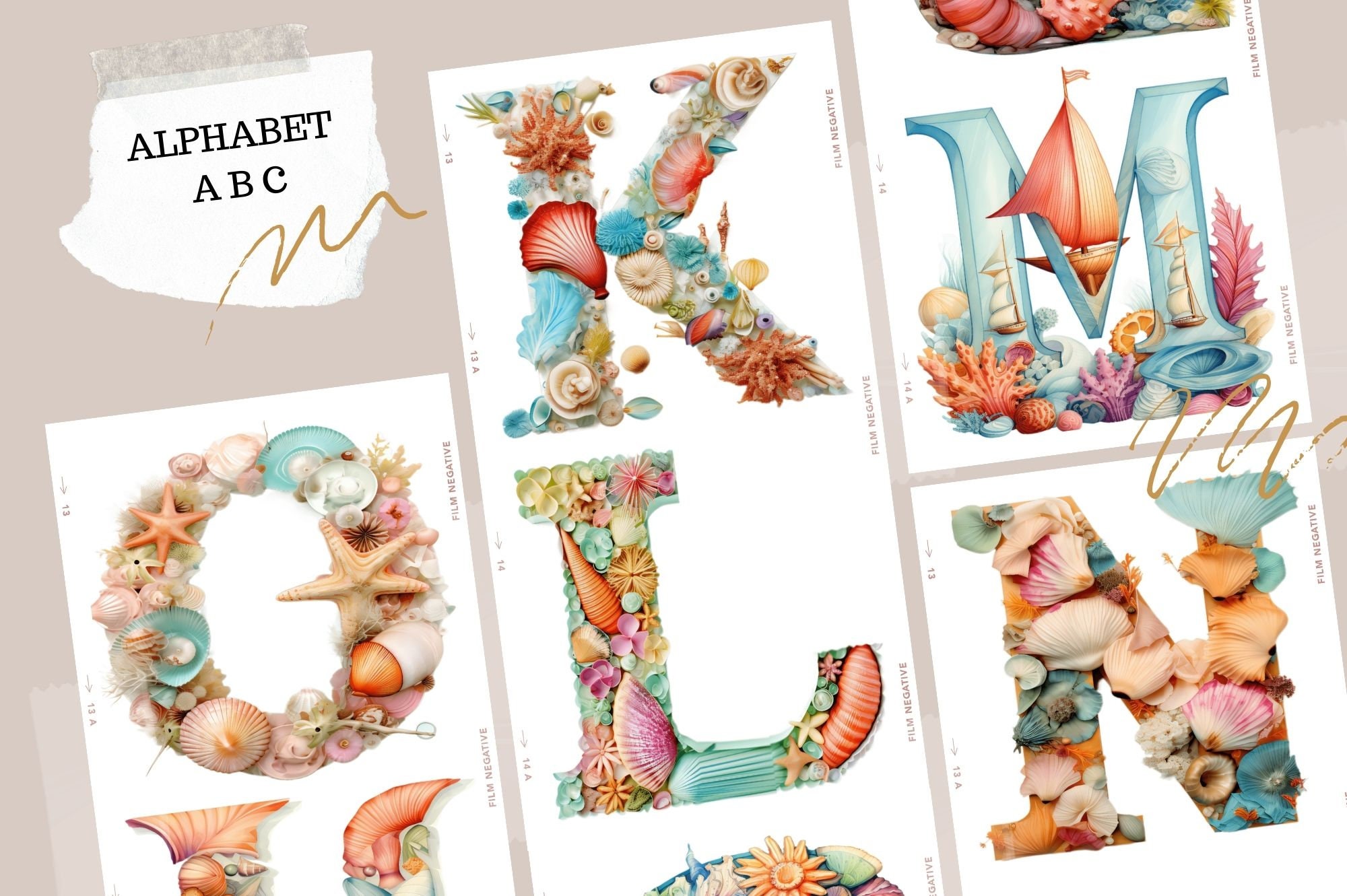 Corals and Shellfish Alphabet Clipart, Coral Reef Letters, Alphabet ...