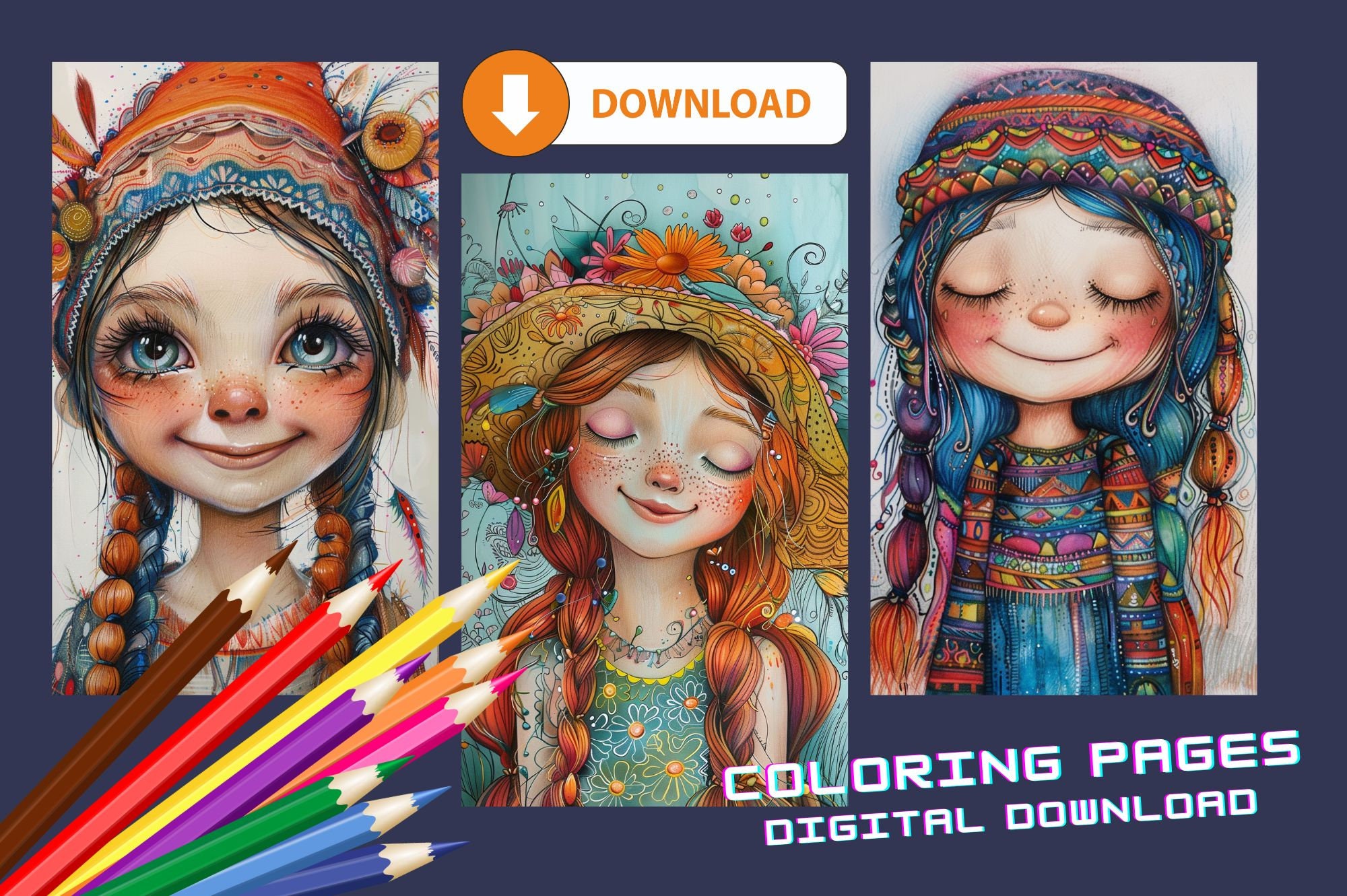 Cute Boho Girl Coloring Pages, Hippie Girl Floral Printable Coloring ...