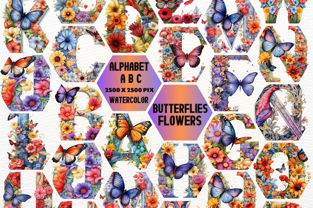 Floral Fancy Butterflies Clipart, Floral Letters Illuminated, Alphabet ...