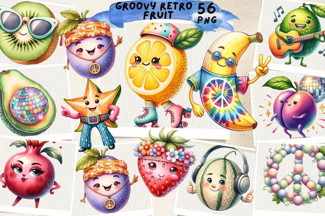 Fruit Groovy Retro Clipart, Retro Summer, Groovy Characters, Fruits ...
