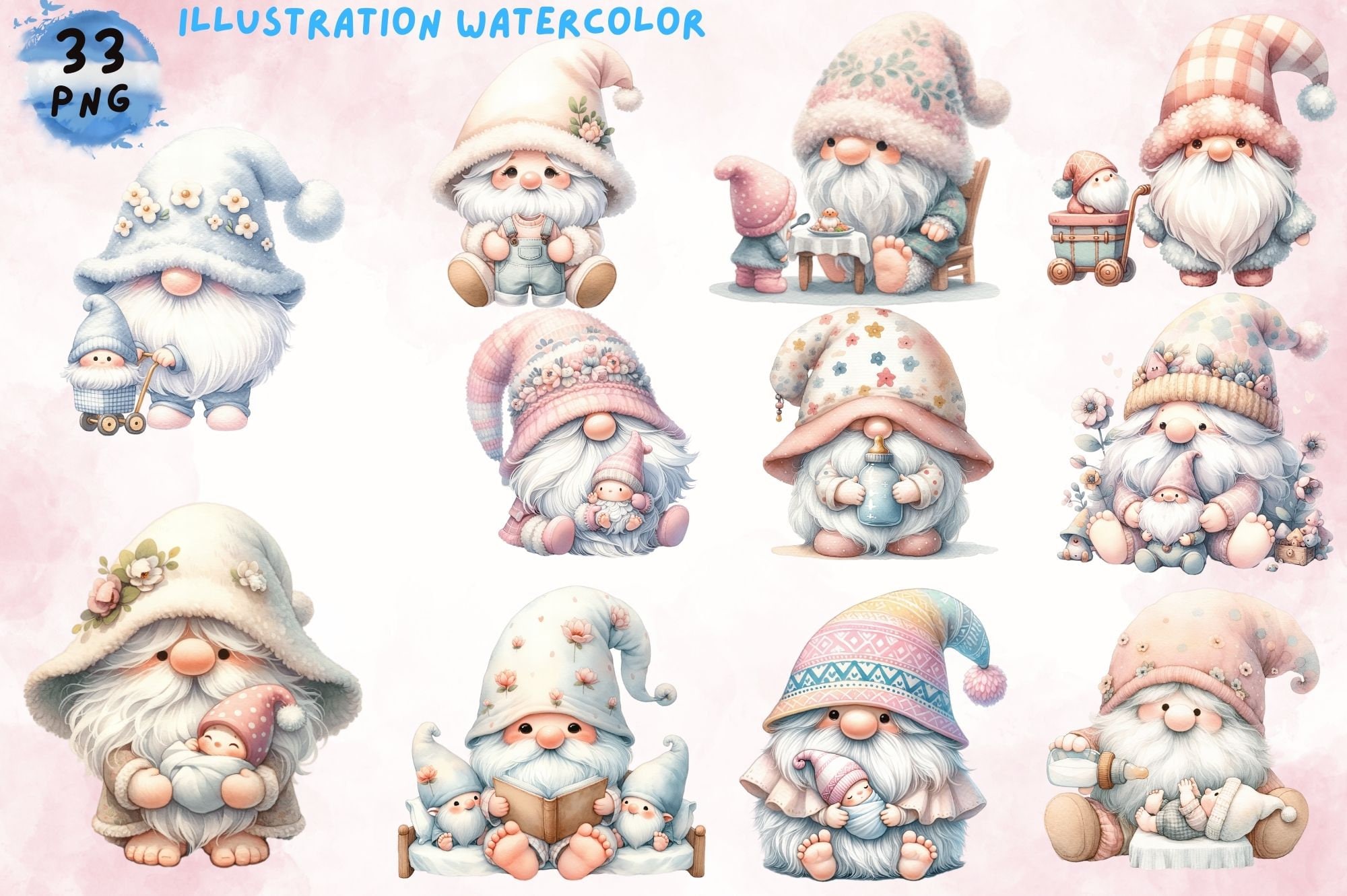 Mother's Day Gnome Watercolor Clipart: Mom & Baby PNG (digital Download ...