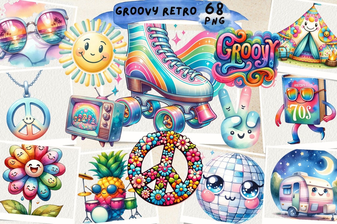 Groovy Retro Clipart: Hippie Rainbow, Peace Sign (PNG) - Etsy