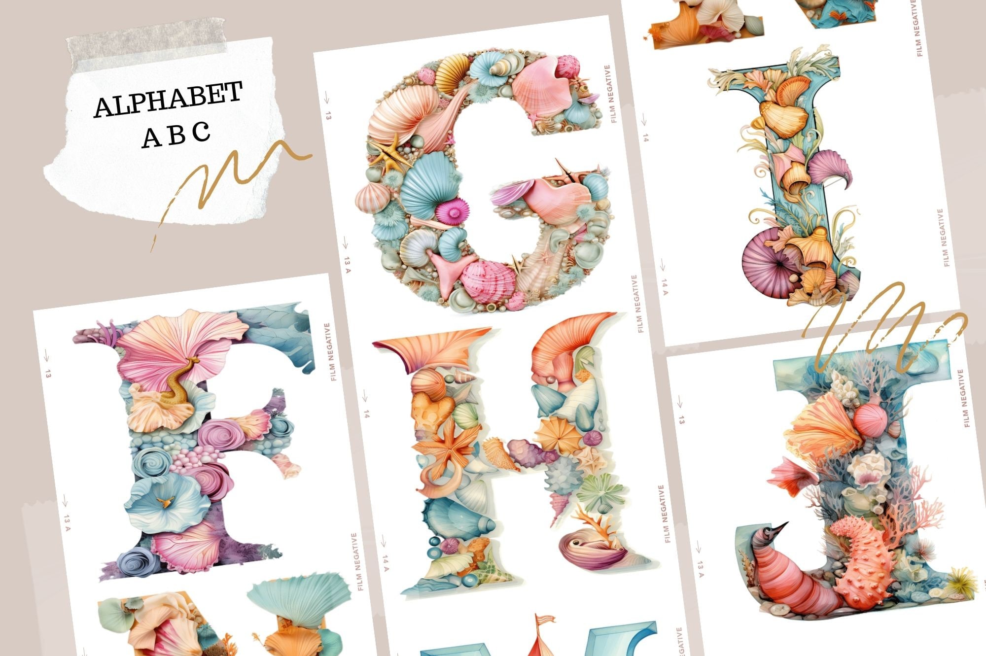 Corals and Shellfish Alphabet Clipart, Coral Reef Letters, Alphabet ...