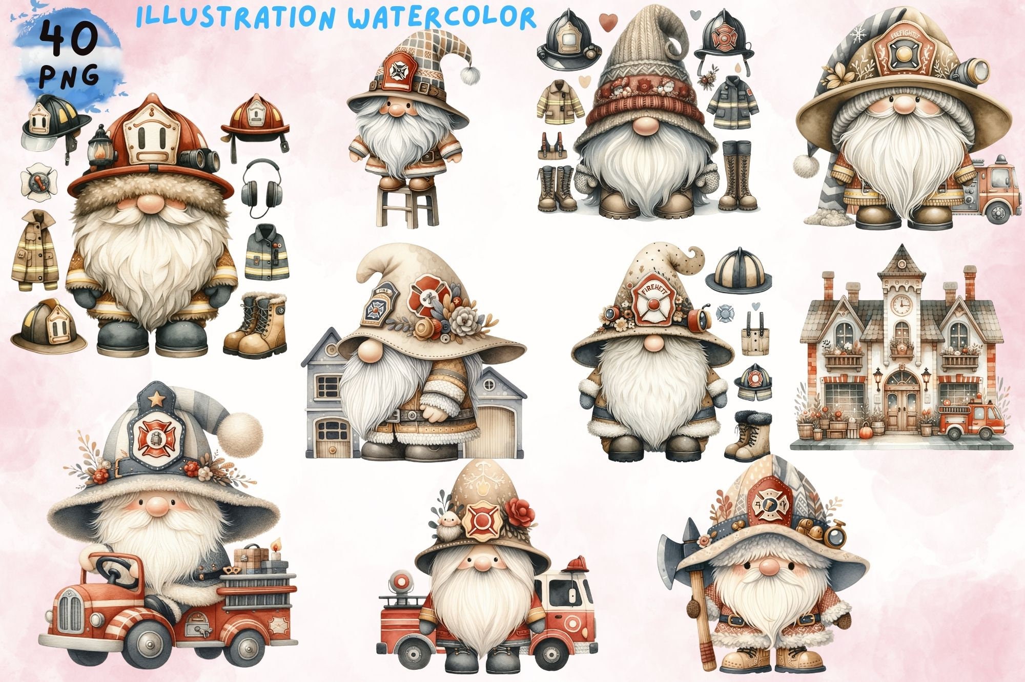 Firefighter Gnome Watercolor Clipart, Gnome Firefighter, Firefighter ...