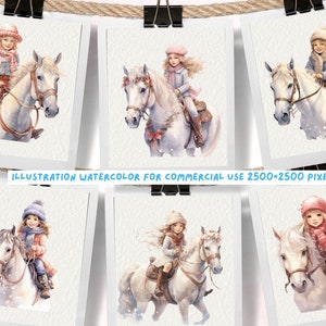Little Girl Riding Horse Watercolor Clipart, Christmas Winter, Digital ...