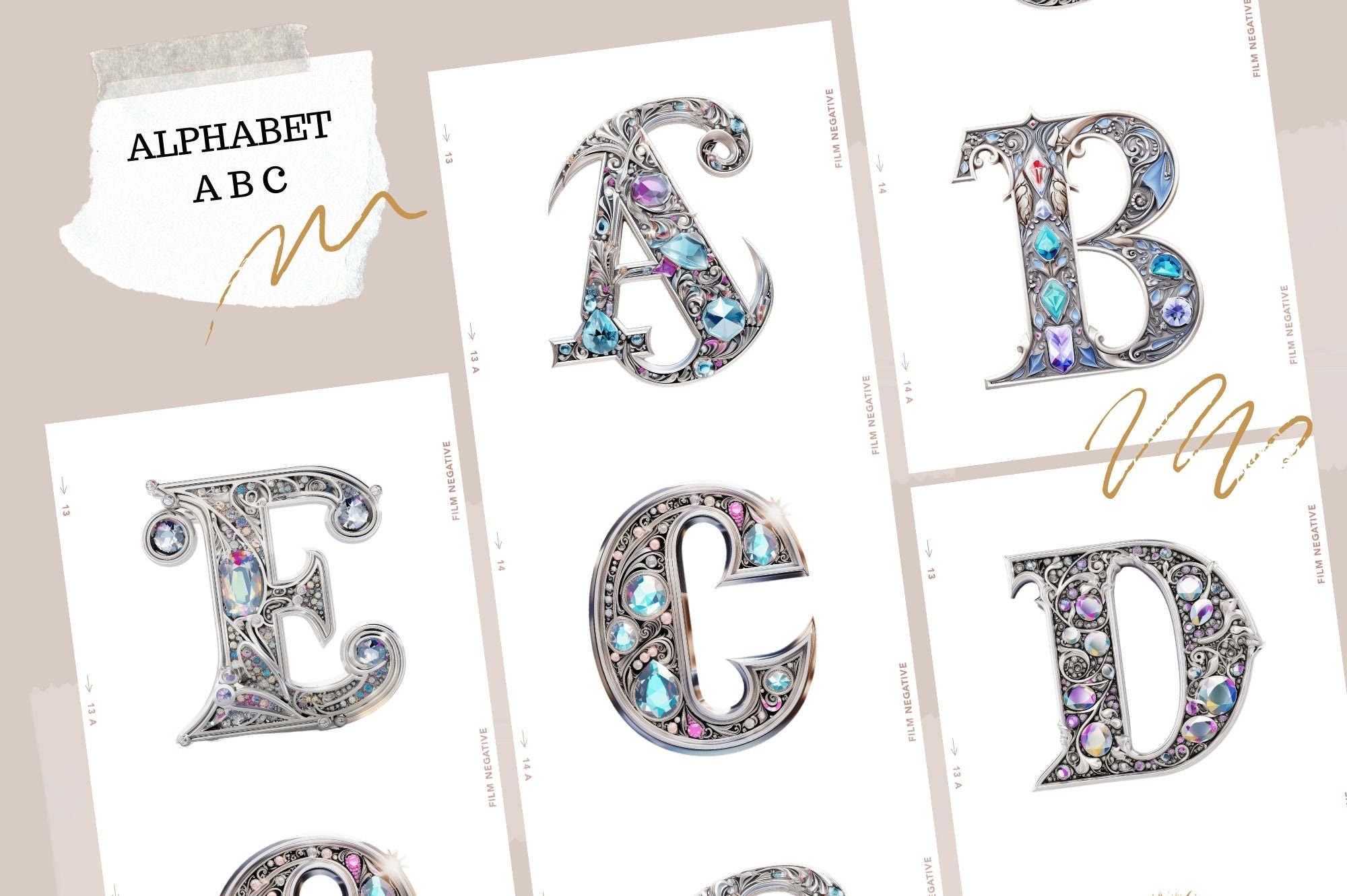 Platinum Iridescent Diamonds Alphabet , Gold Satin and Diamond Alphabet ...