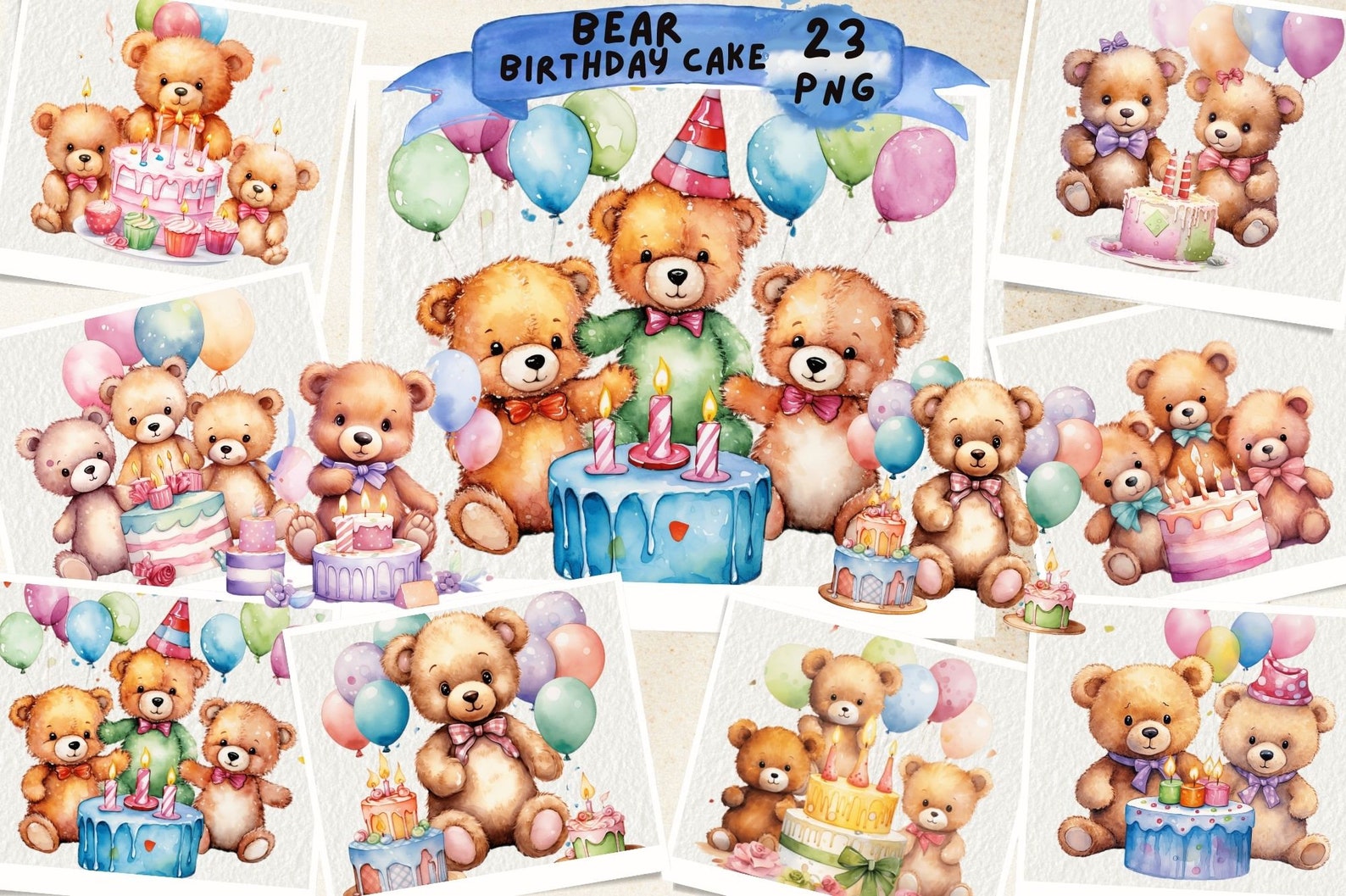 Teddy Bear Birthday Clipart, Cake Birthday Bear Digital Paper, Digital ...
