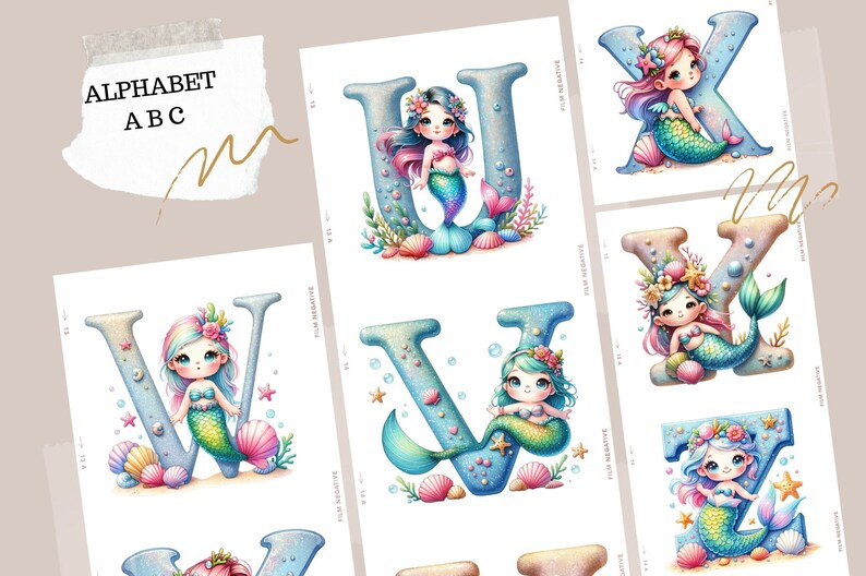 Mermaid Alphabet Clipart: Doodle Watercolor Letters (PNG) - Etsy
