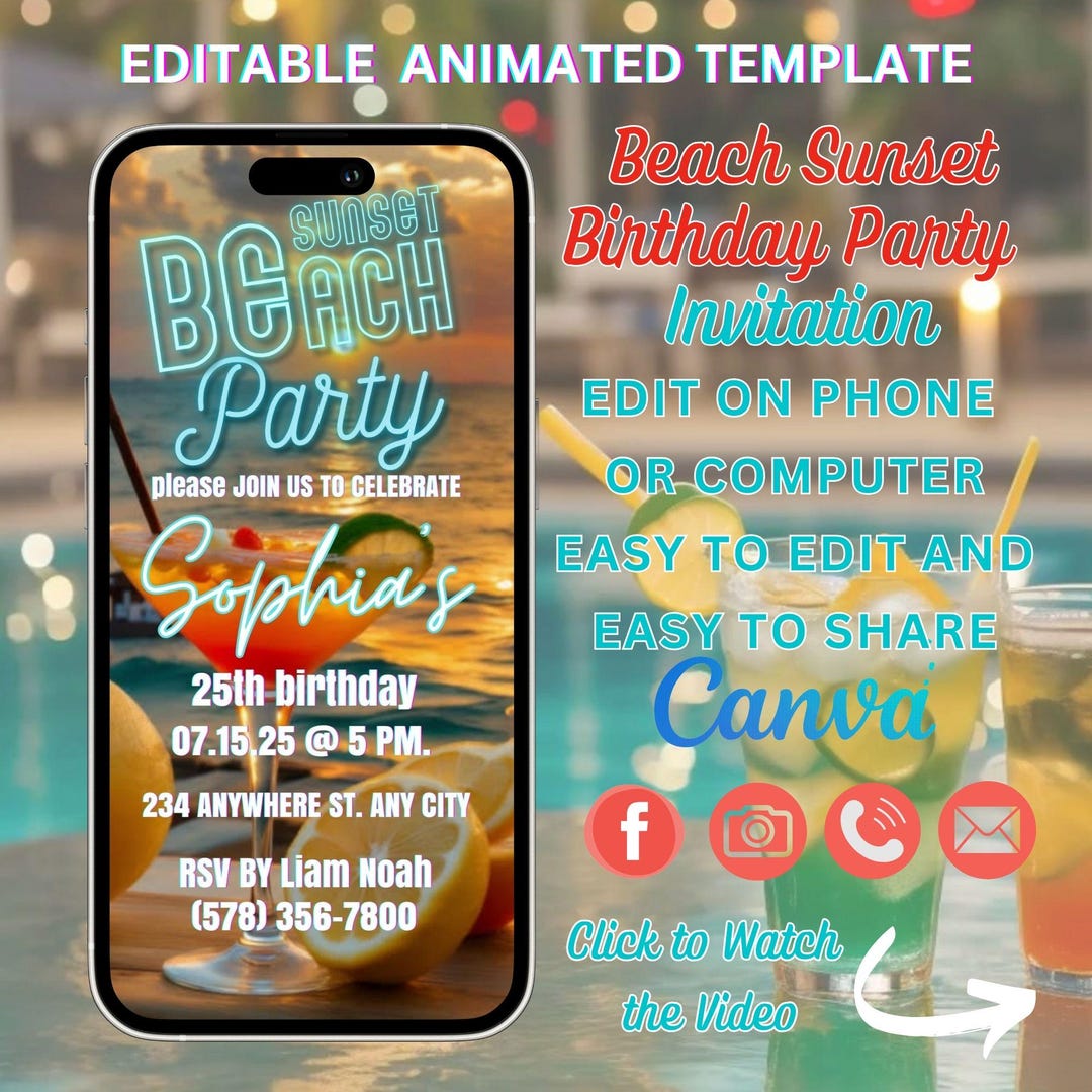 Beach Sunset Party Birthday Invitation Video, Neon Beach Theme, Sea ...