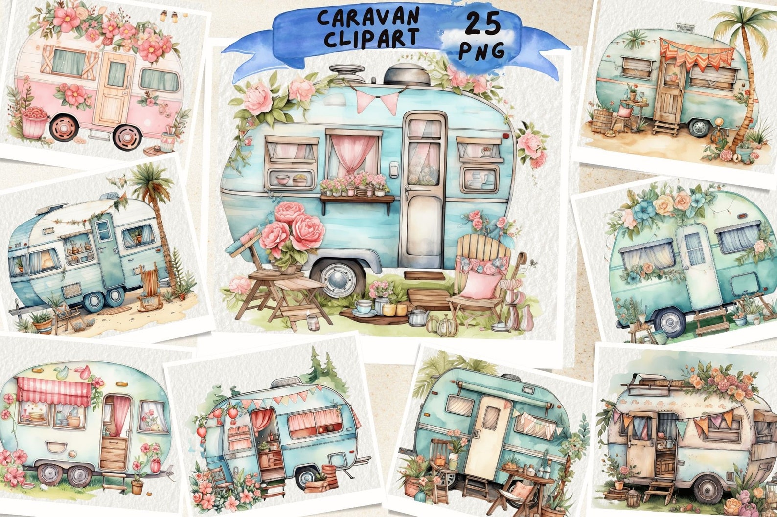 Cute Caravan Clipart, Camping PNG Printable Image, Commercial Use, Junk ...