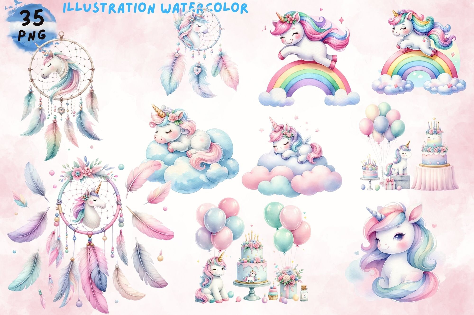 Funny Unicorn Watercolor Clipart, Birthday, Balloons Pastel Colors ...