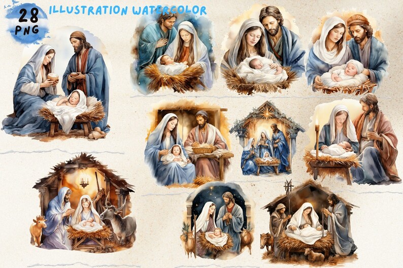 Watercolor Nativity Scene Clipart: Christmas Jesus Set (PNG, Instant ...