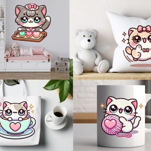 Kawaii Mini Cats Clipart, Cute Cat Digital Stickers for Scrapbooking ...