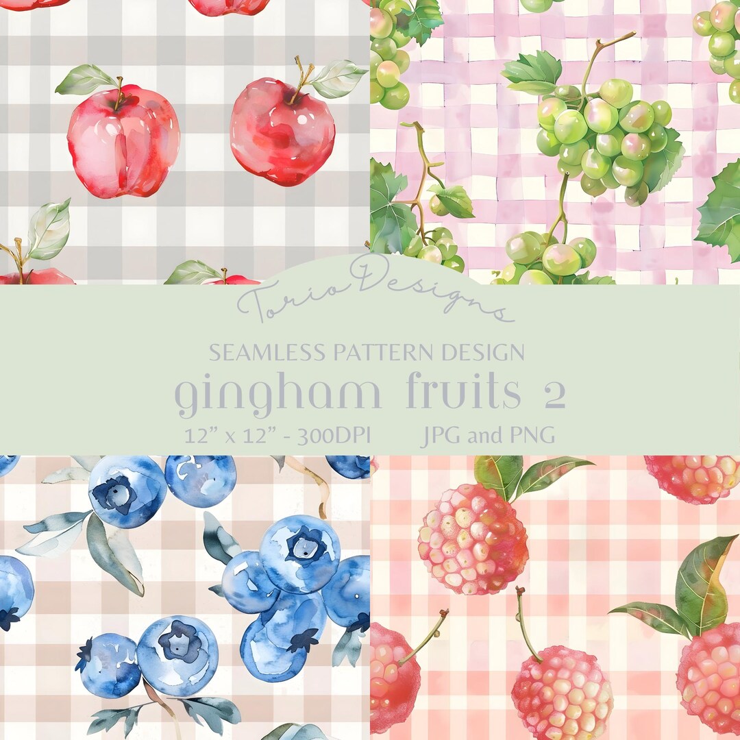 Gingham Fruit 2 : 4 Seamless Pattern , Digital Paper, Ai, Fruits ...
