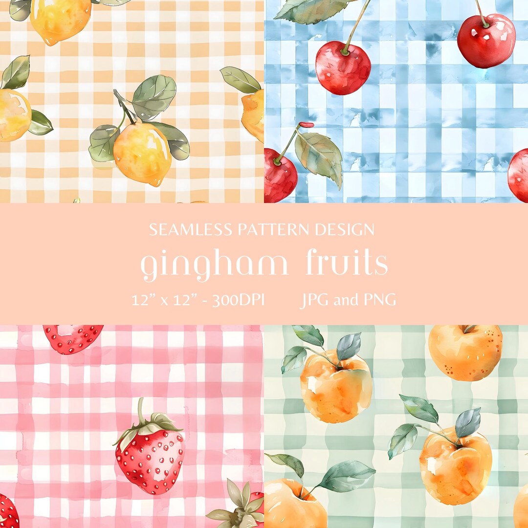 Gingham Fruit : 4 Seamless Pattern, Digital Paper, Ai, Fruits, Gingham ...