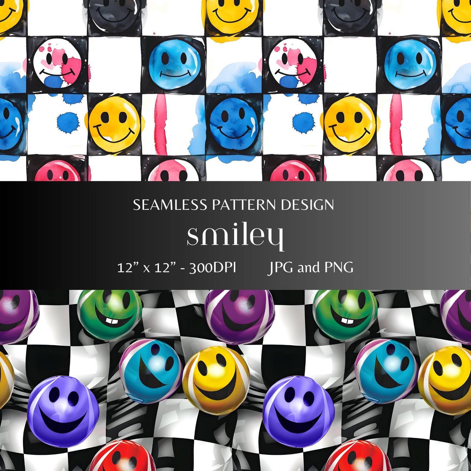 Smiley : 5 Seamless Pattern , Digital Paper, Ai, Smiley, Emotion, Face ...