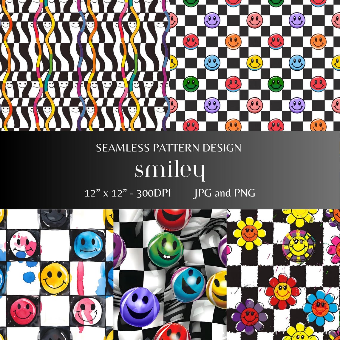 Smiley : 5 Seamless Pattern , Digital Paper, Ai, Smiley, Emotion, Face ...