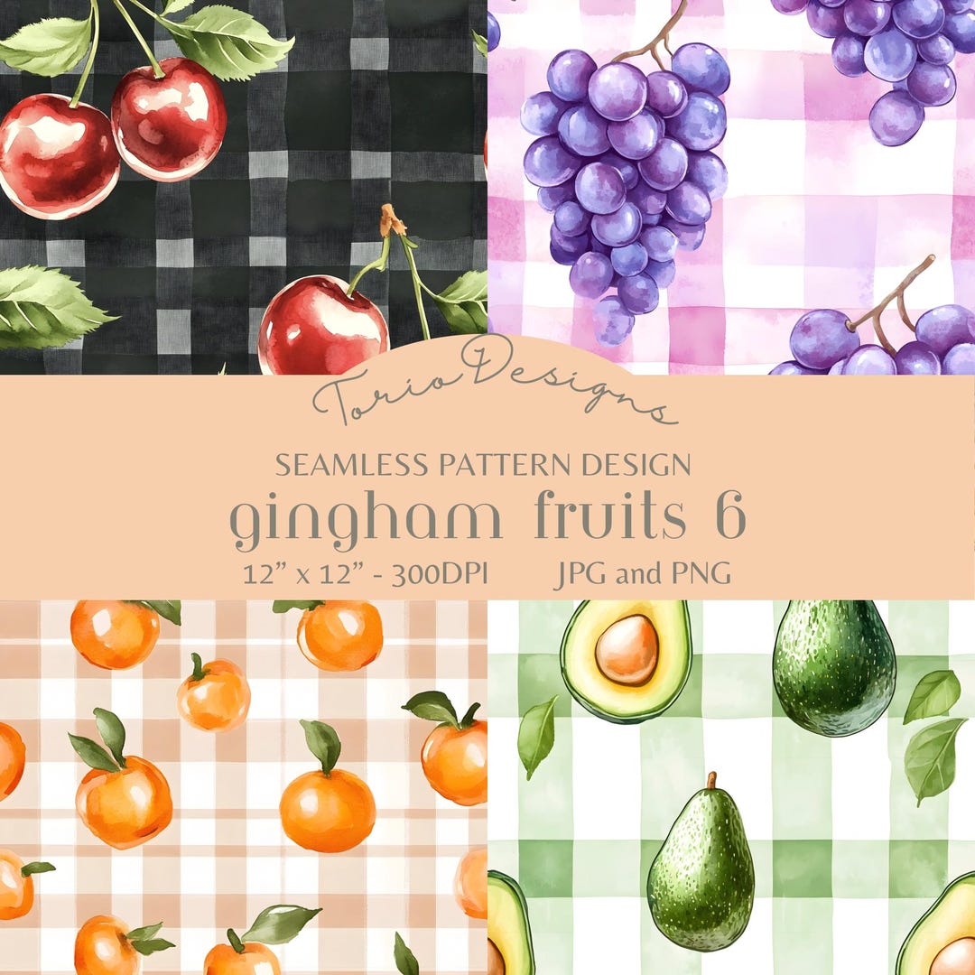 Gingham Fruit 6 : 4 Seamless Pattern, Digital Paper, Ai, Fruits ...