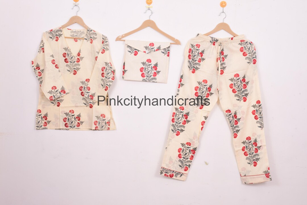 Adult Pyjamas/ Floral Hand Block Print Pure Cotton P J Set, Payjama Set ...
