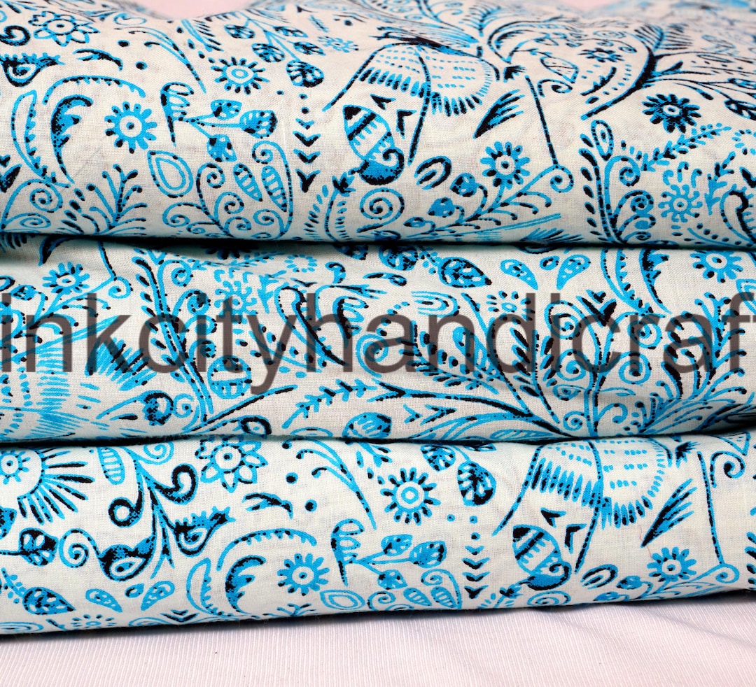 Blue Peacock Block Print Cotton Fabric: Indian Floral Fabric by the ...