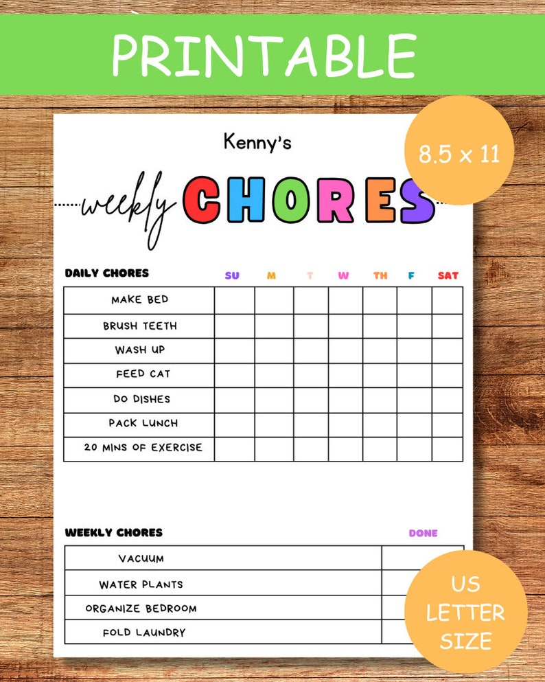 Editable Chore Chart, Printable Daily & Weekly Kids Chore ...