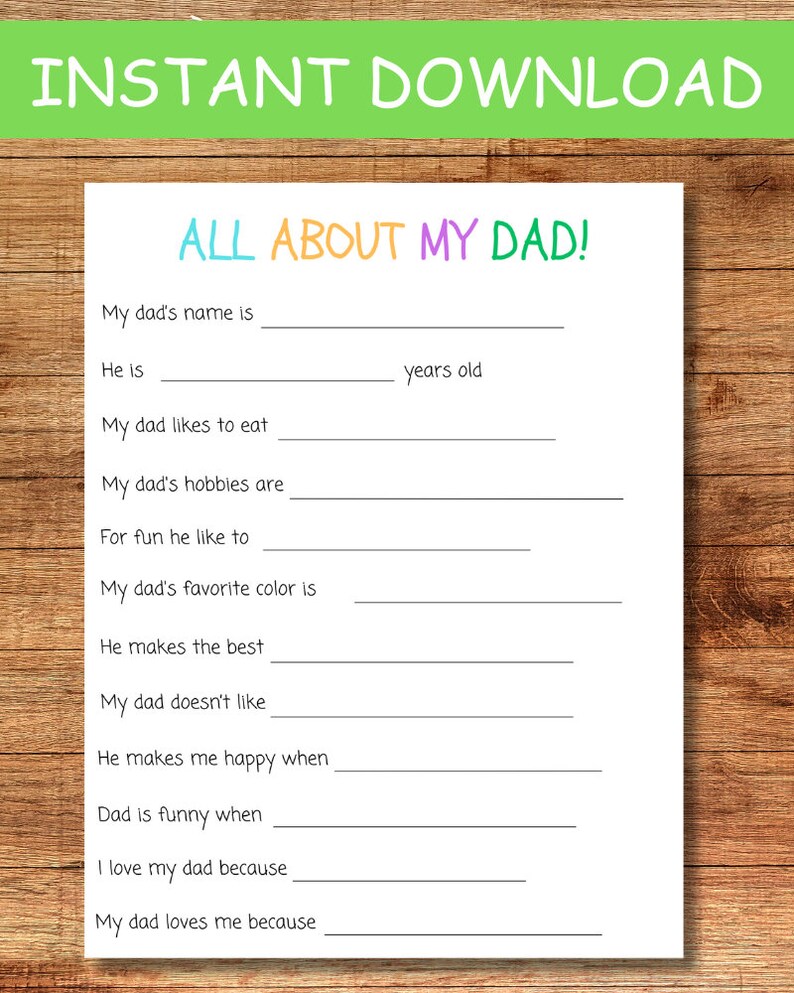 All About My Dad Printable kids Fathers Day Dad Gift Fill in the Blank ...