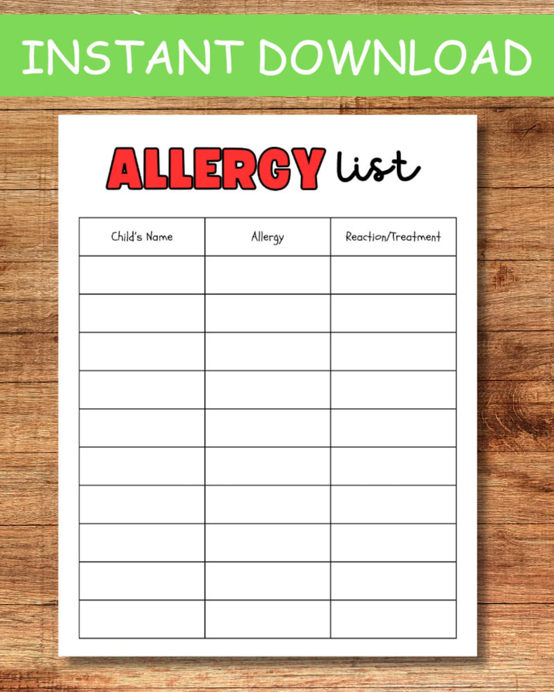 Allergy List Form, Child Allergy Form, Daycare Printable, Daycare ...