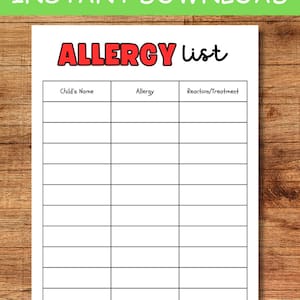Allergy List Form, Child Allergy Form, Daycare Printable, Daycare Office Sheet, Mothers Day Out ...