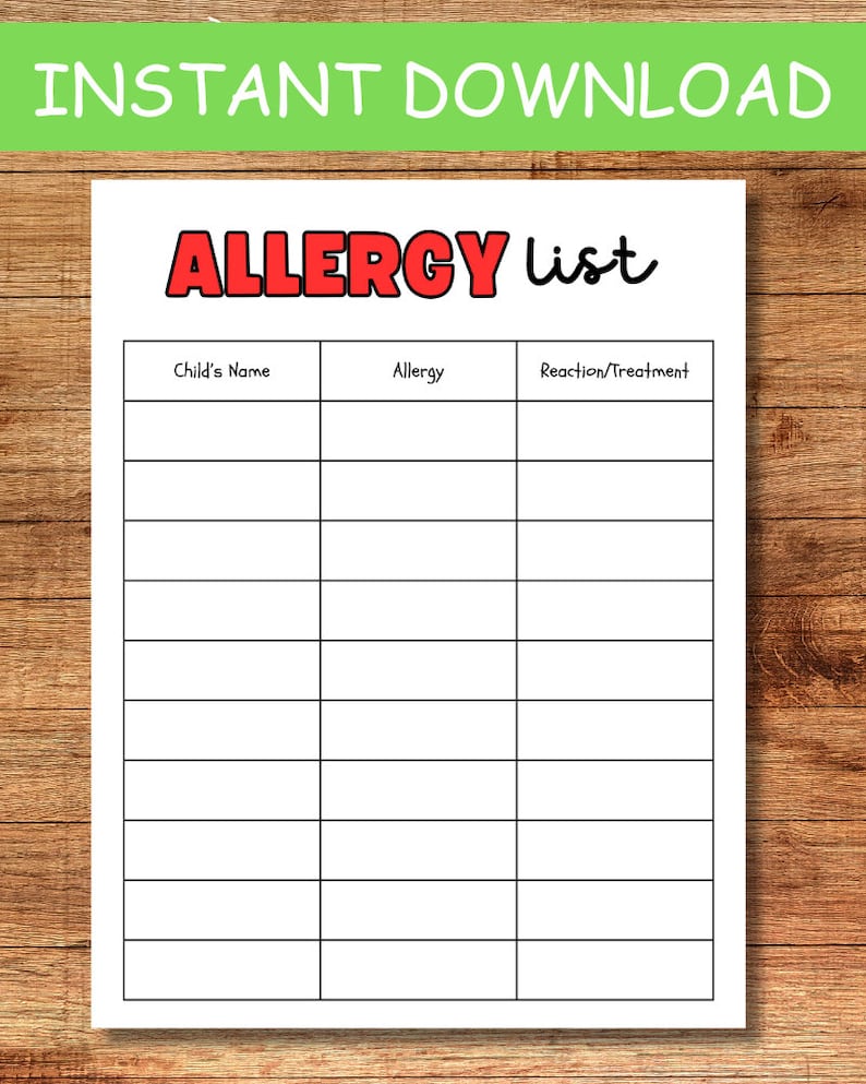 Allergy List Form, Child Allergy Form, Daycare Printable, Daycare ...