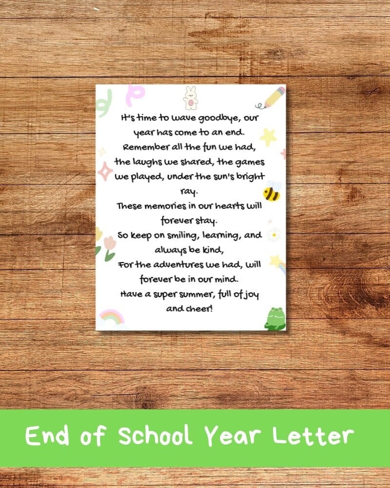 End of School Year Letter for Students, Last Day of School Student Gift ...
