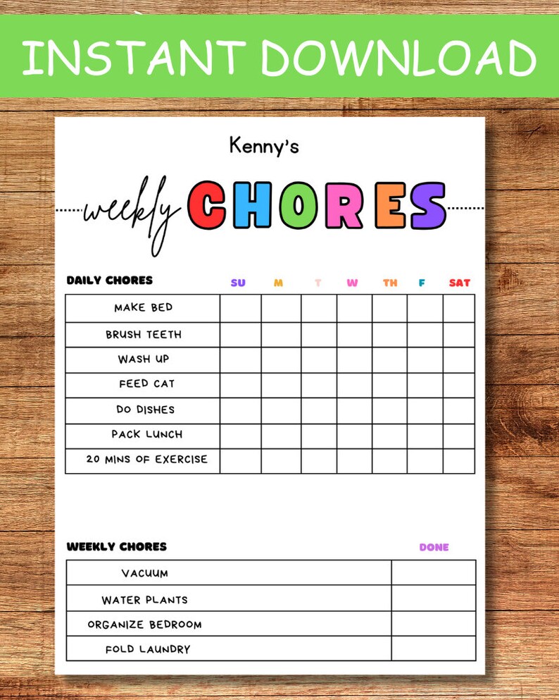Editable Chore Chart, Printable Daily & Weekly Kids Chore ...