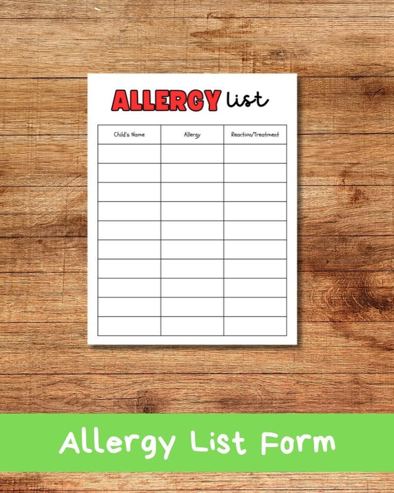 Allergy List Form, Child Allergy Form, Daycare Printable, Daycare ...