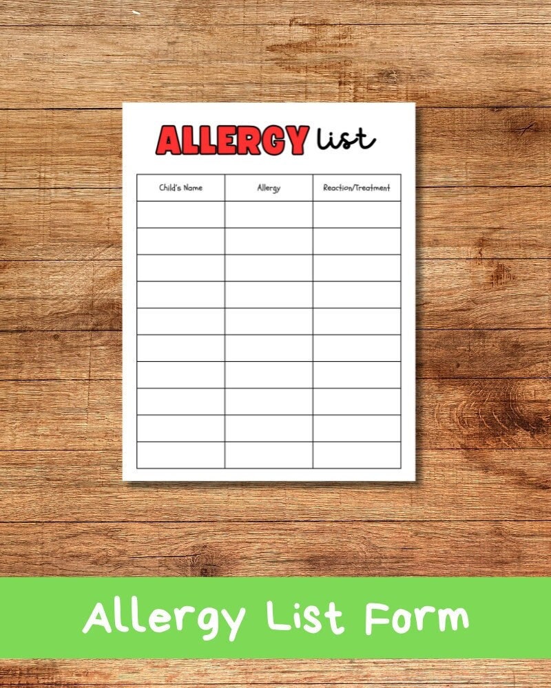 Allergy List Form, Child Allergy Form, Daycare Printable, Daycare ...