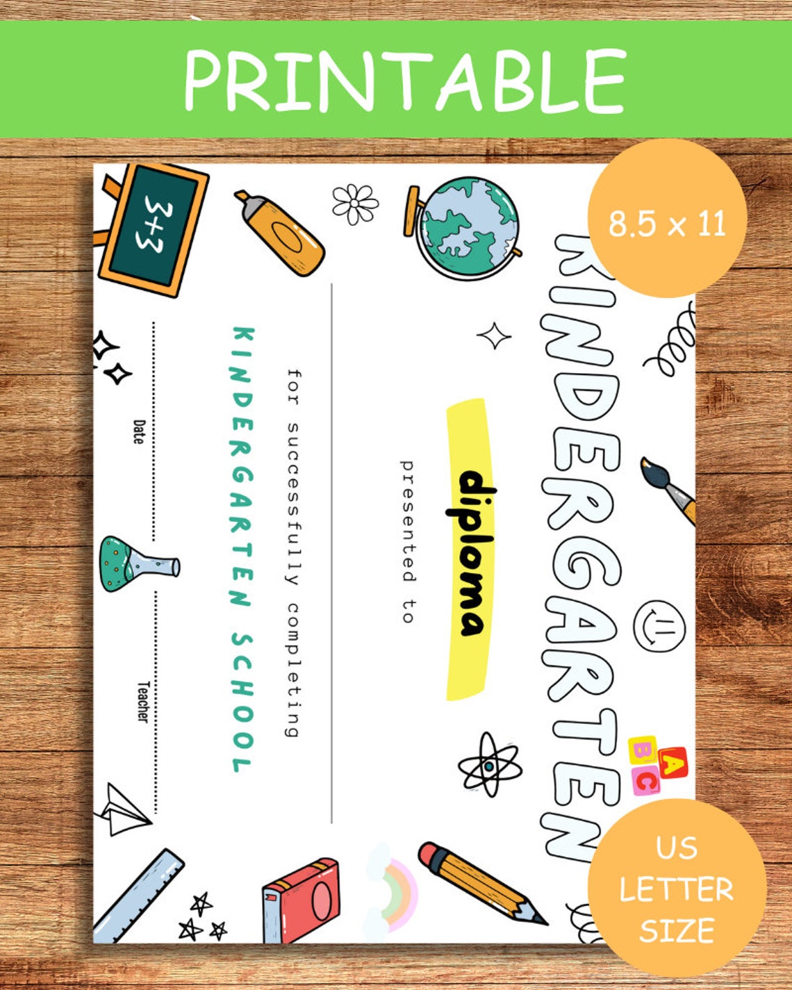 Kindergarten Graduation Diploma Printable INSTANT DOWNLOAD Elementary ...