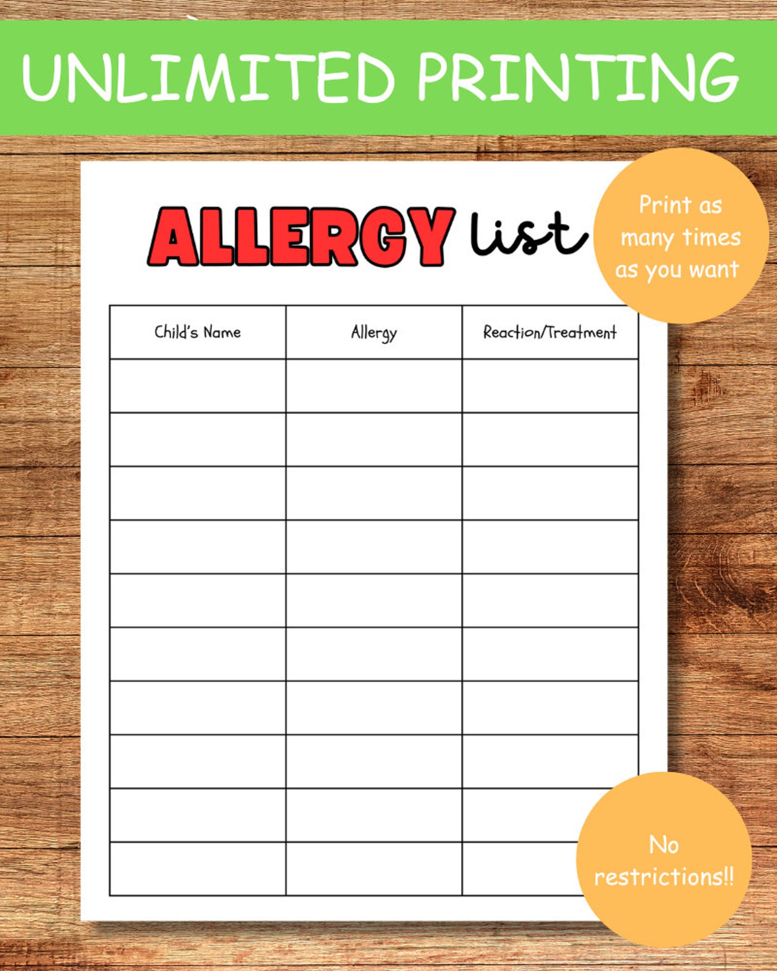 Allergy List Form, Child Allergy Form, Daycare Printable, Daycare ...