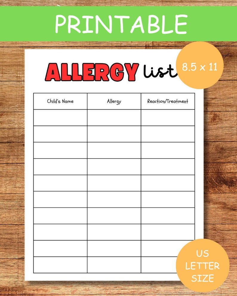 Allergy List Form, Child Allergy Form, Daycare Printable, Daycare ...
