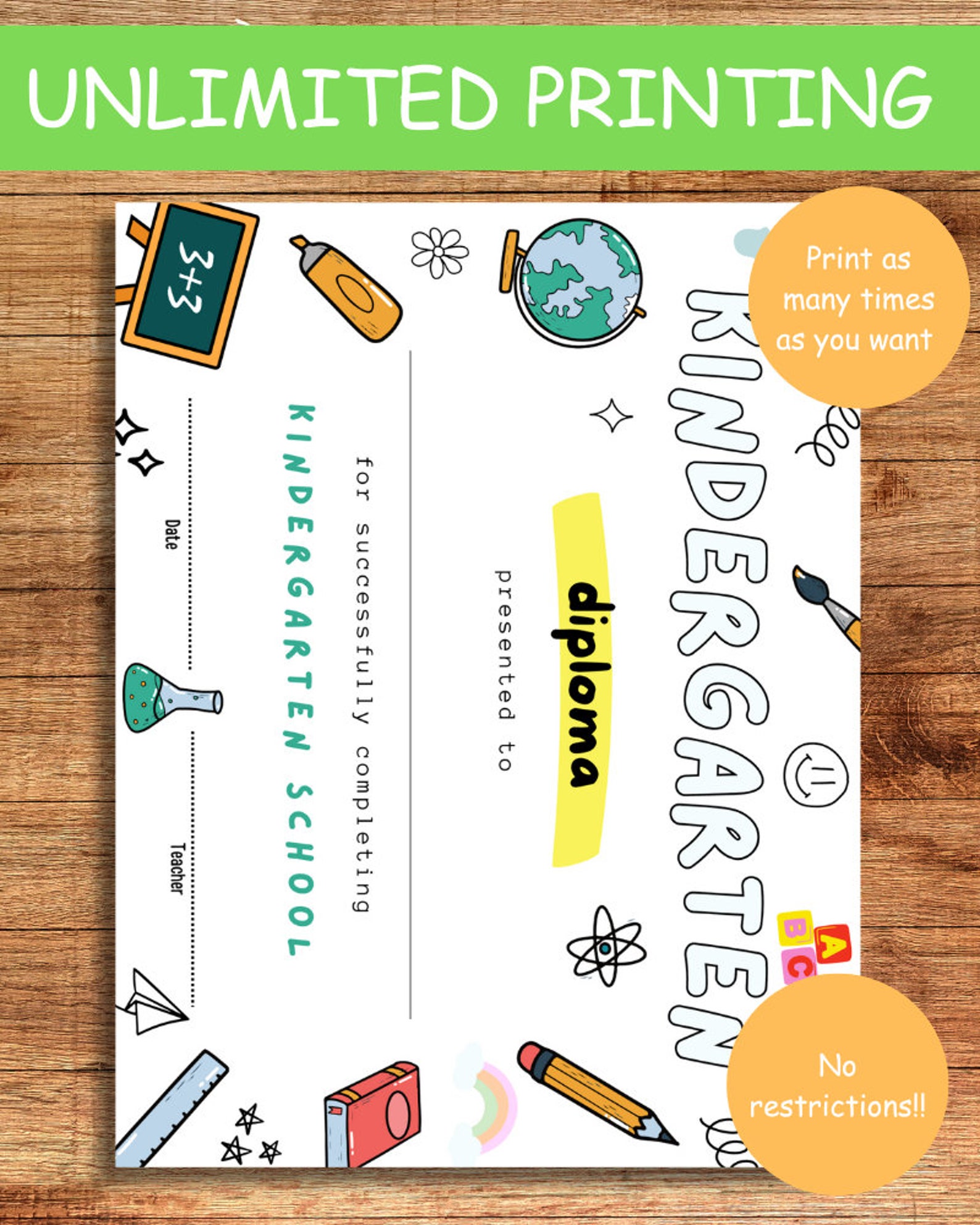 Kindergarten Graduation Diploma Printable INSTANT DOWNLOAD Elementary ...