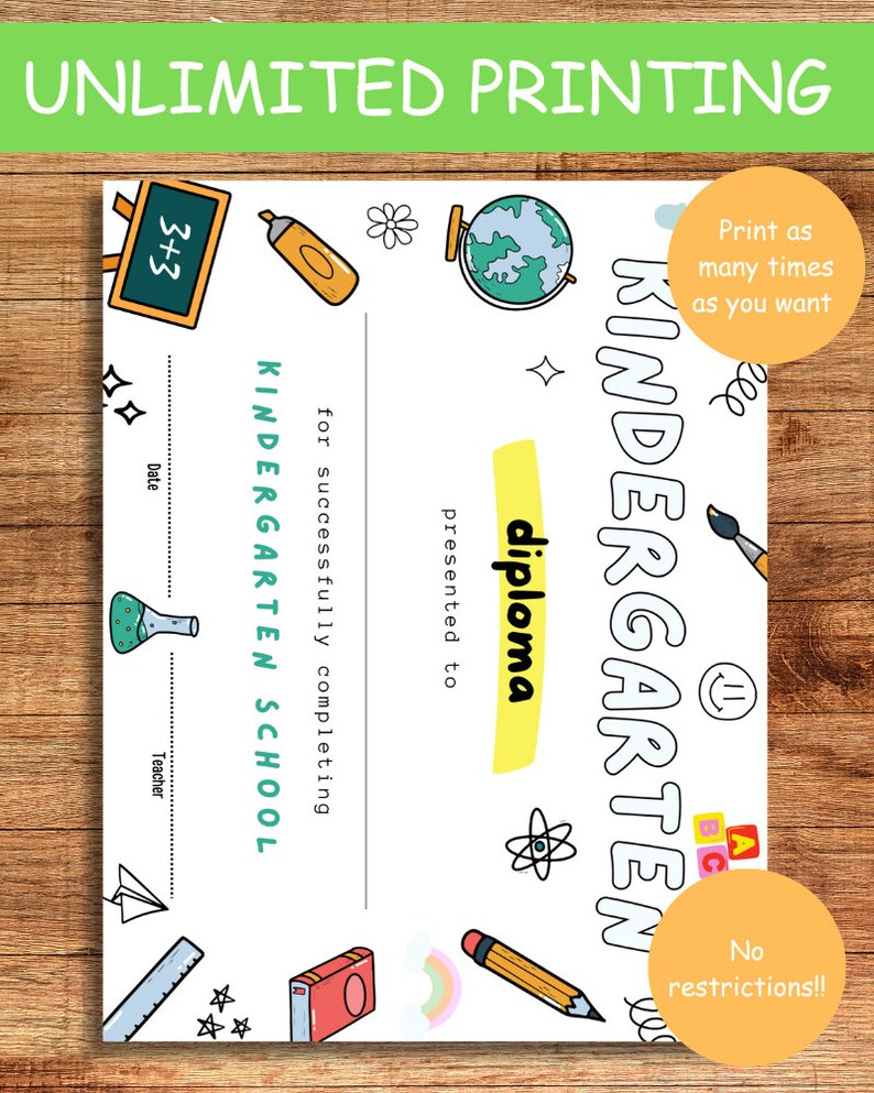 Kindergarten Graduation Diploma Printable INSTANT DOWNLOAD Elementary ...