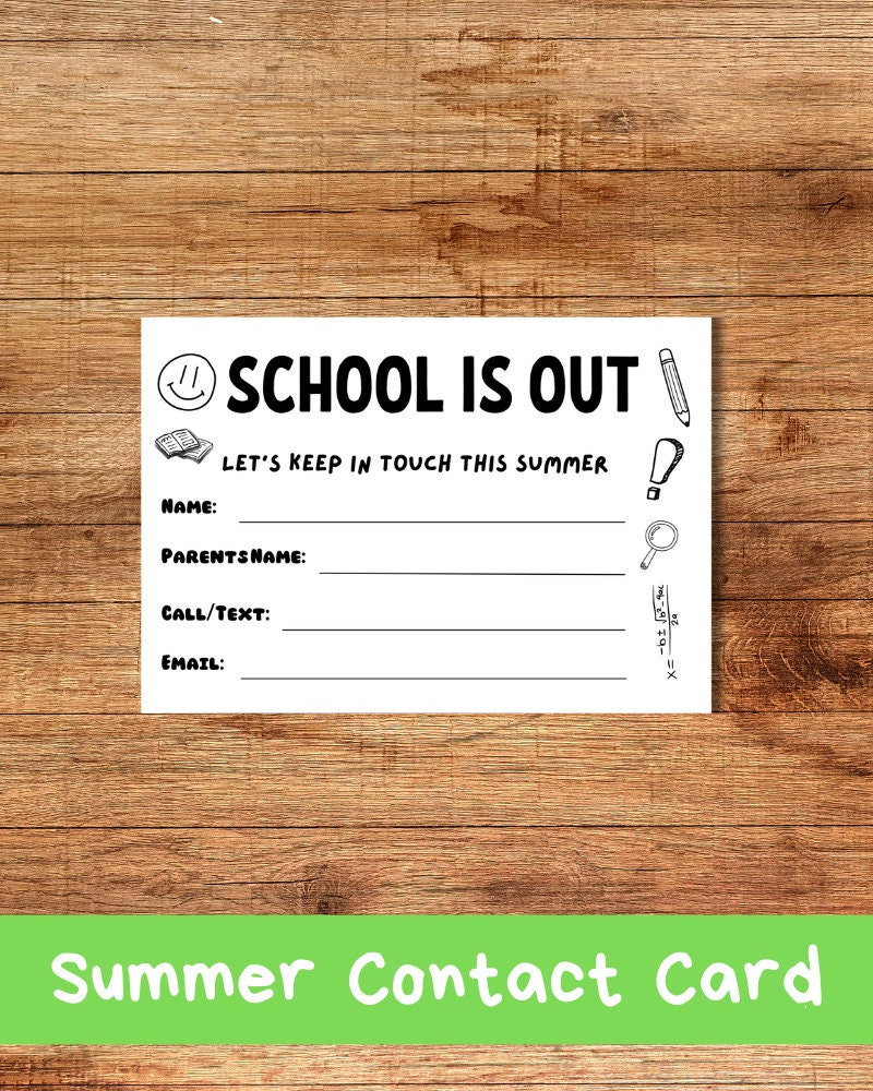 Printable Summer Contact Card, Editable, End of School Cards for Kids ...