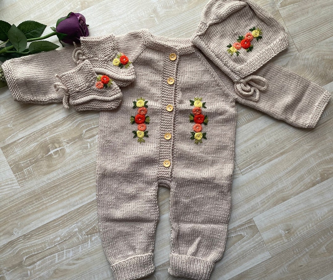 Organic Cotton Knitted Baby Romper Set, Floral Embroidery - Etsy